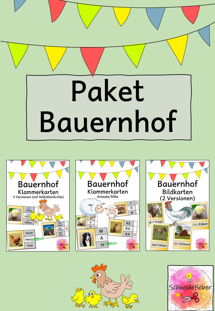 Bauernhof, Klammerkarten, Bildkarten, Lesen, Anlaut, Silbe ...