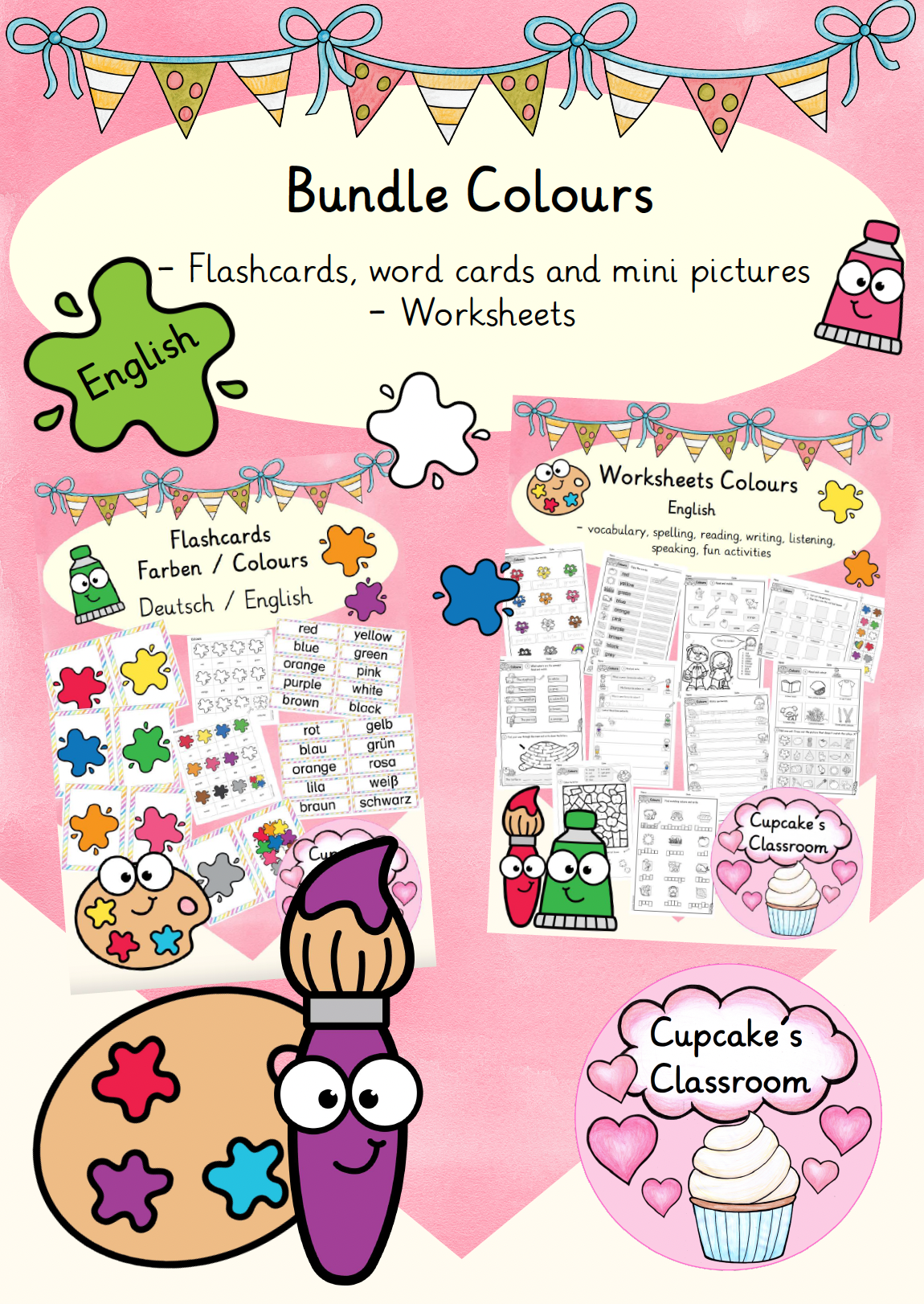 Inglés - colores (colours) - paquete hojas de trabajo, tarjetas con ...