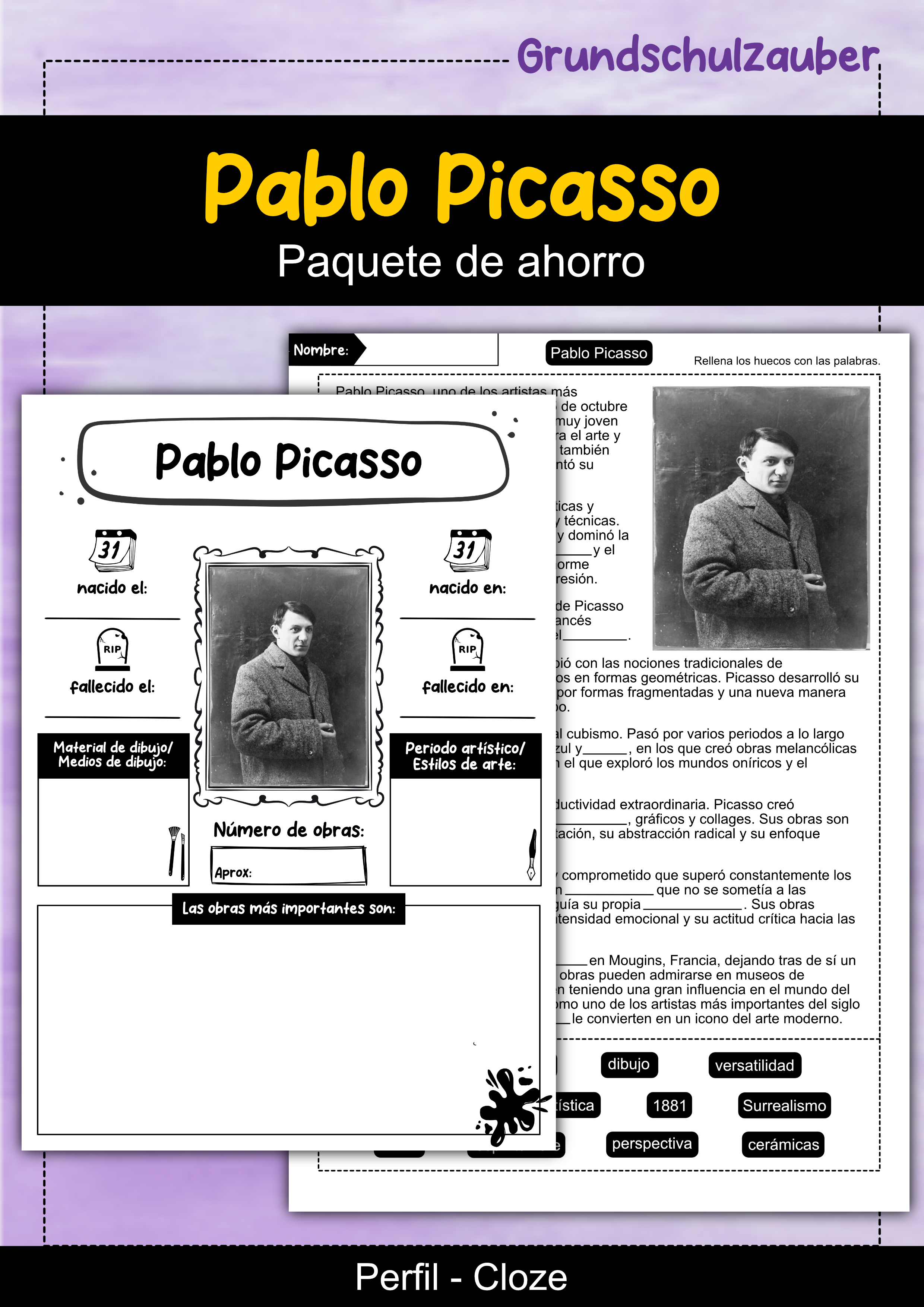 Pablo Picasso Paquete de actividades - Ficha descriptiva, Cloze y Cita ...