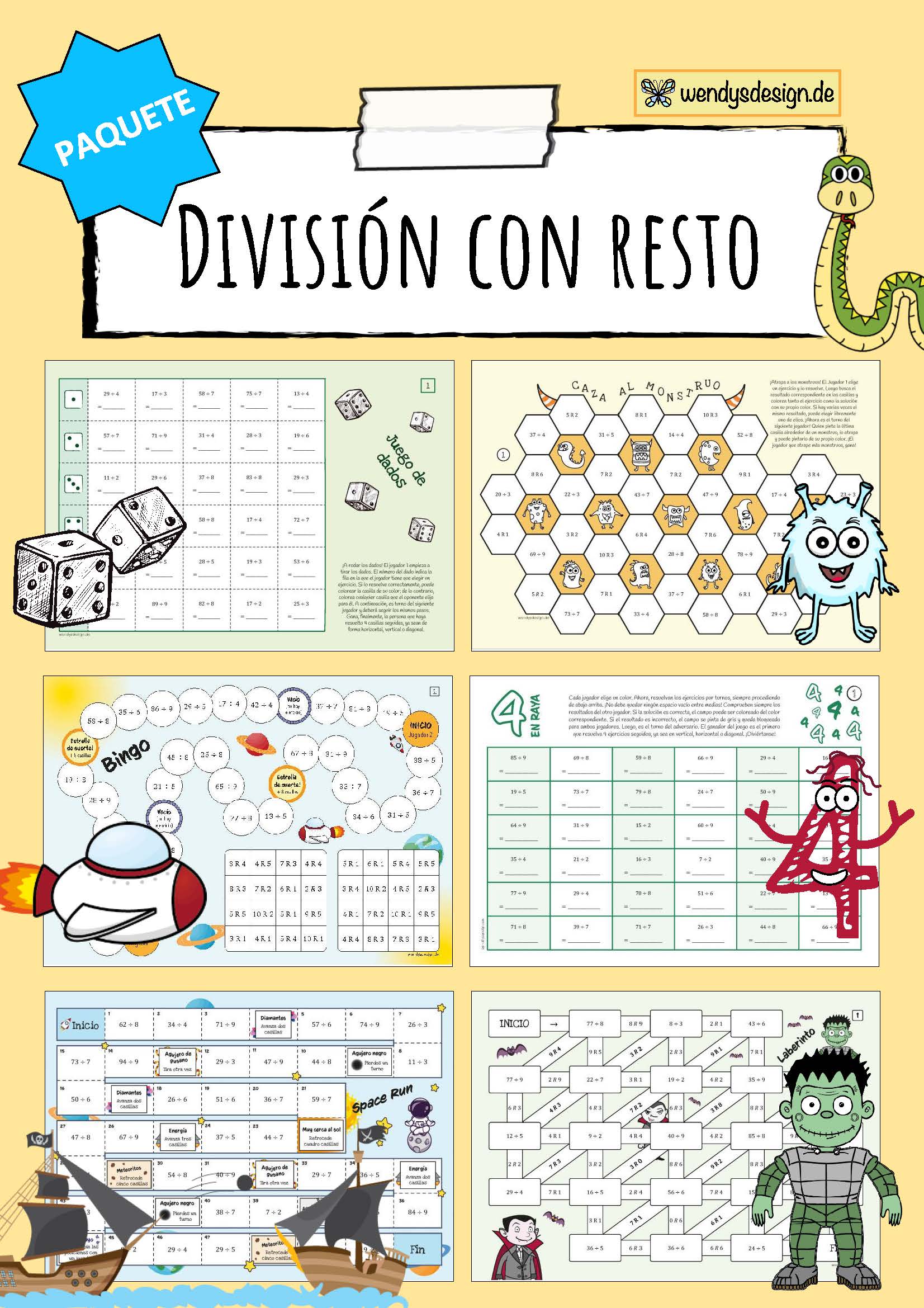 División con resto - 8 Juegos + 3 hojas de trabajo - material de la ...