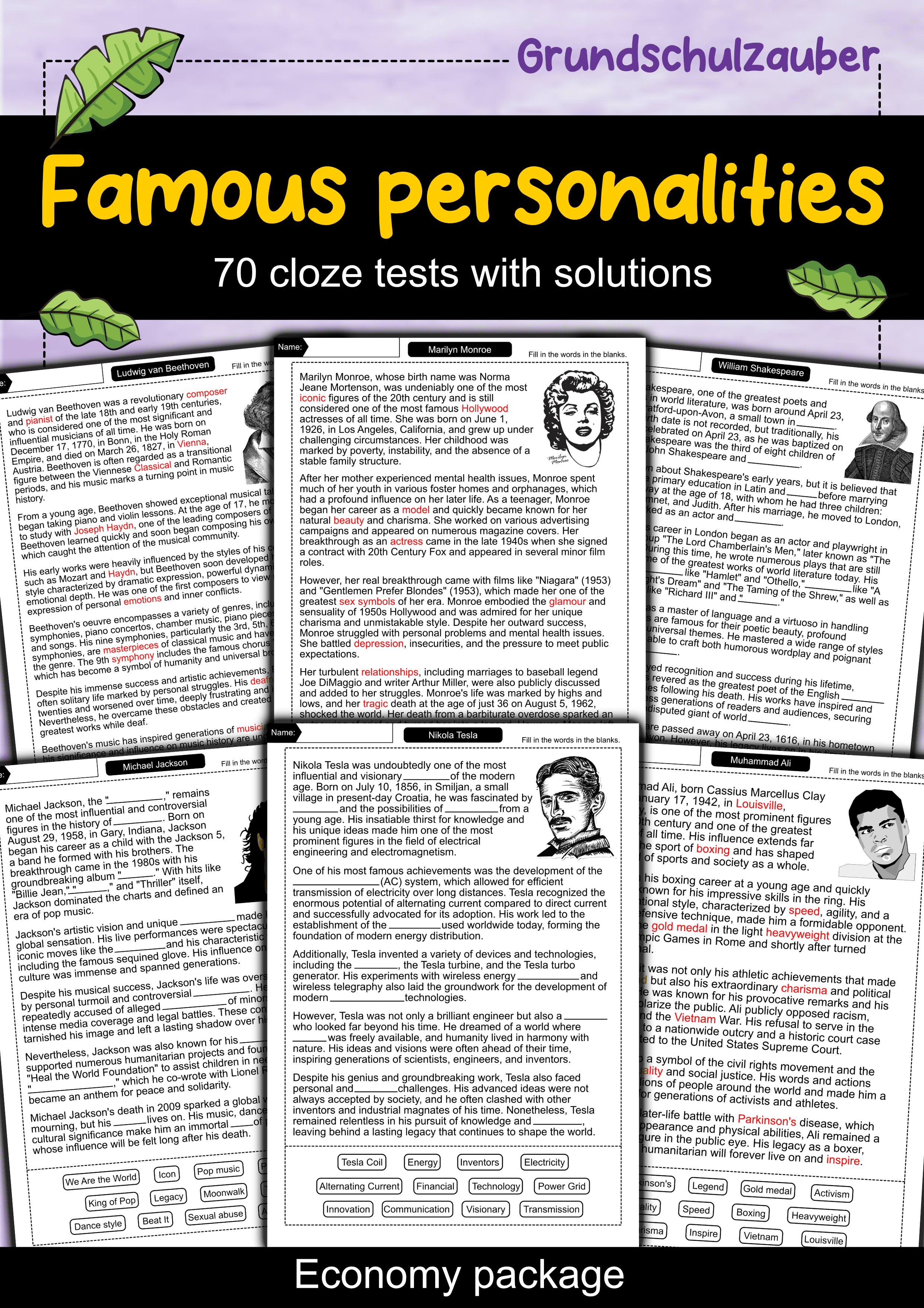 Famous personalities - 70 cloze texts with solutions ...