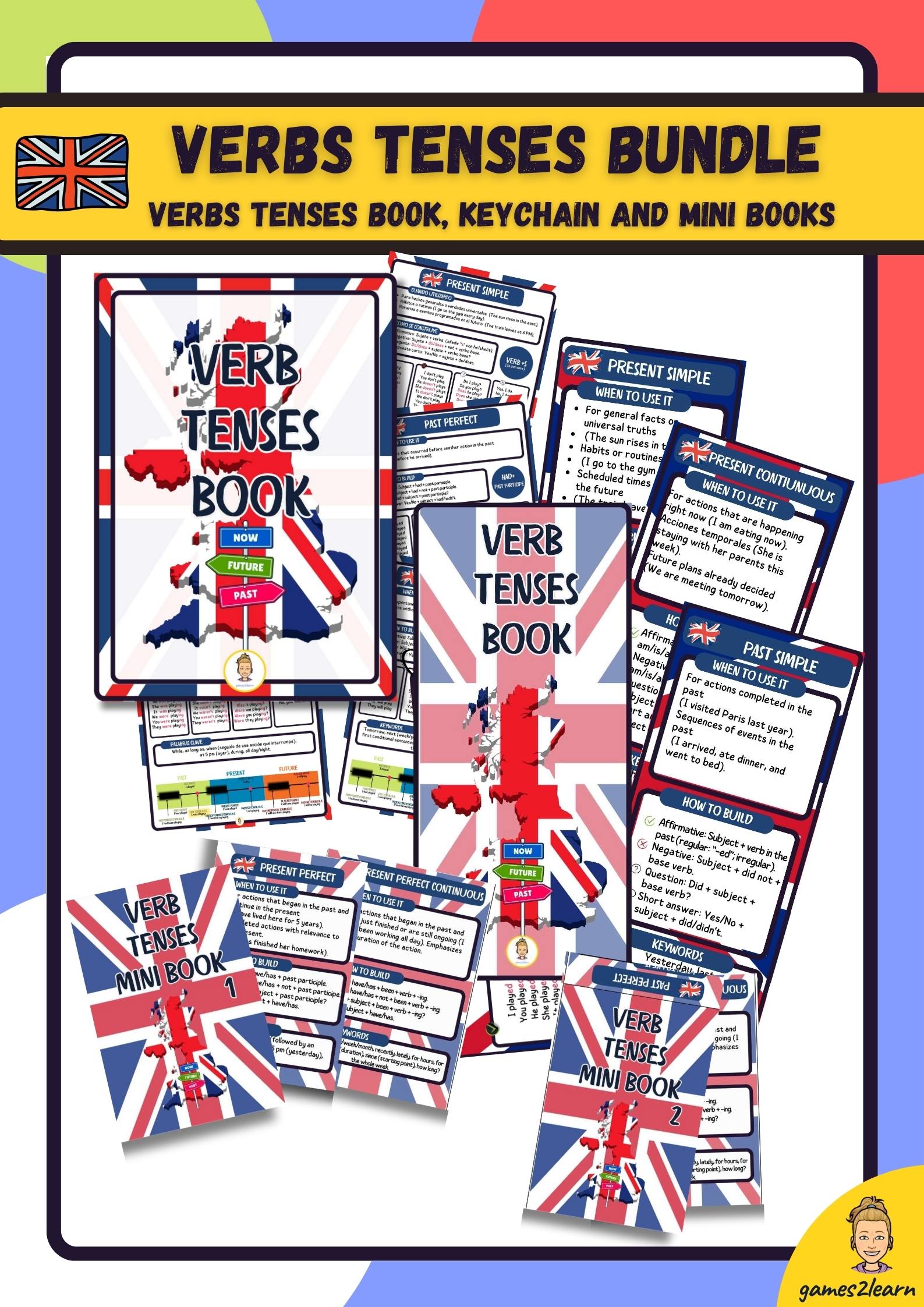 Verb Tenses Bundle: Verb tenses book, keychain and mini books ...