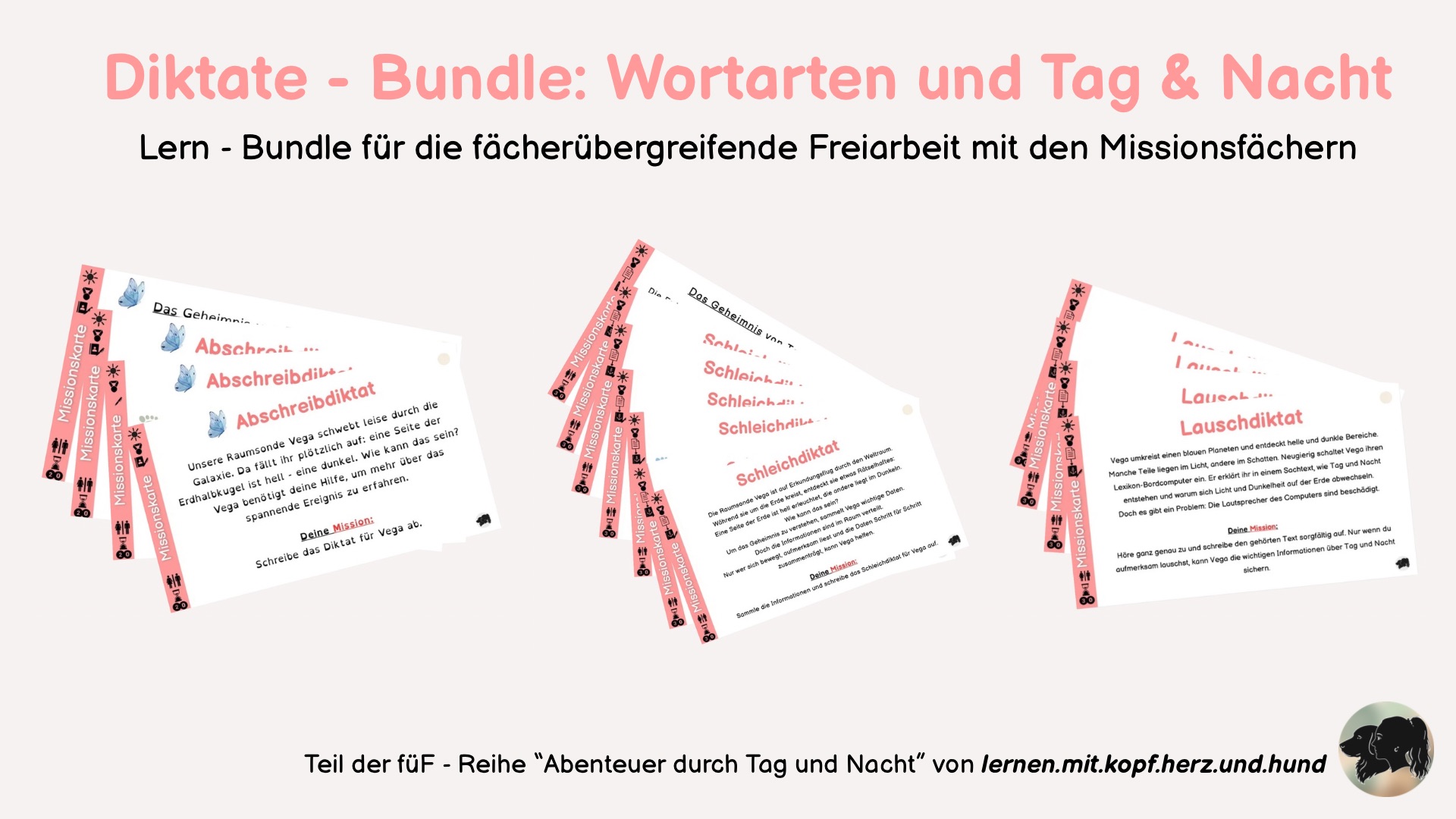 Materialpaket - Diktate auf 3 Niveaustufen zum Thema „Tag & Nacht“ und ...